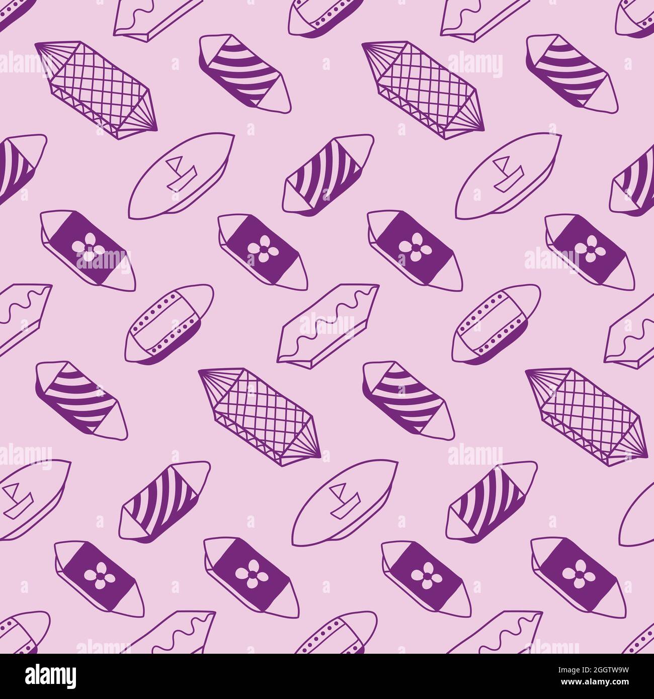 Sweets in wrapper seamless pattern, purple lilac background with black ...