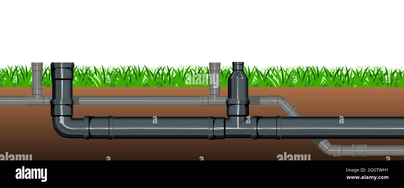 Pipeline for various purposes. Lawn grass. Underground part of system ...