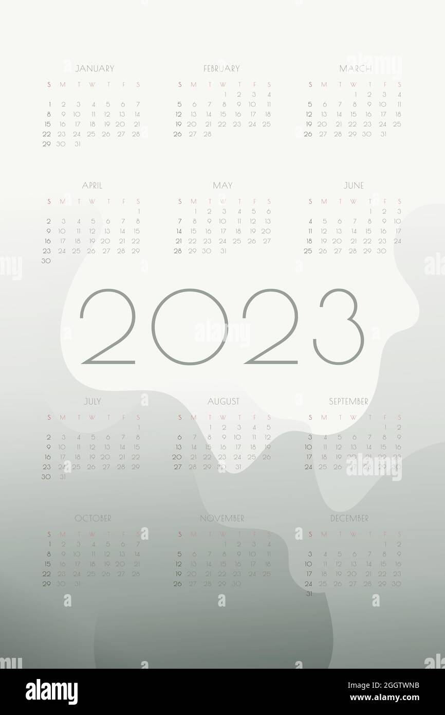 2023 calendar with gray gradient fluid wave shapes. vertical annual ...