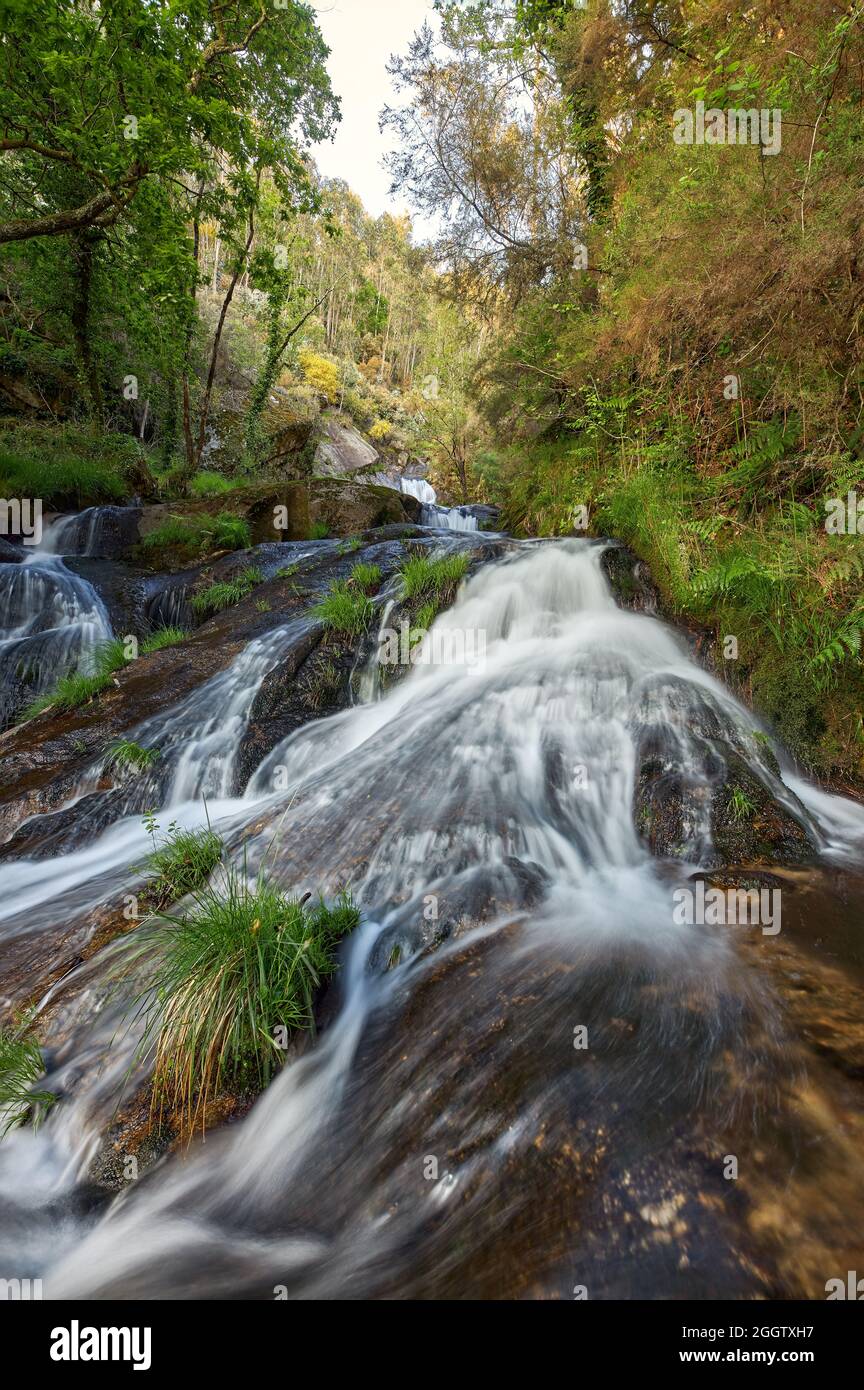 Beautiful scenery of a waterfall in a forest in Galicia, Spain Stock ...