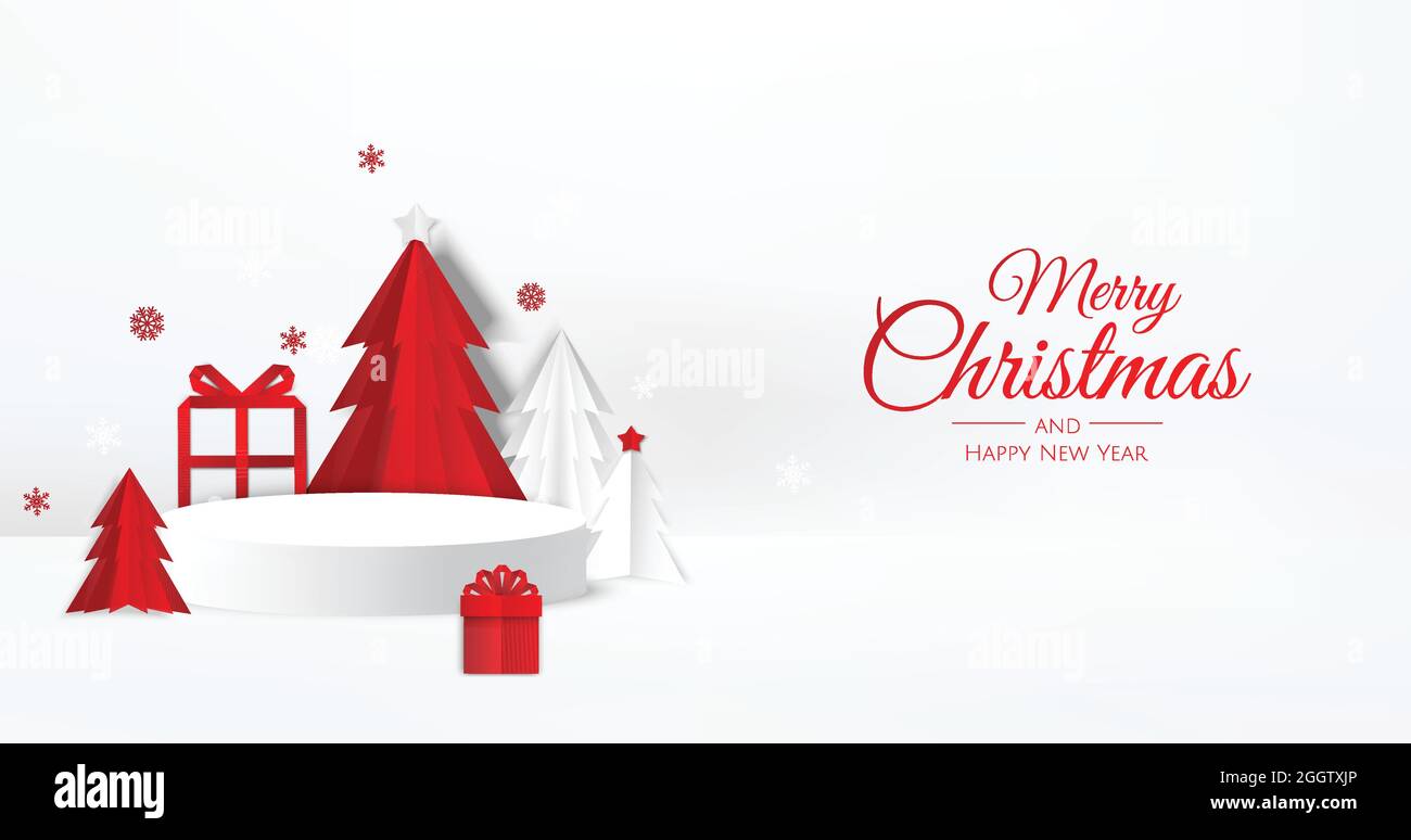 Christmas podium with snowflakes and paper trees,xmas balls. Blank ...