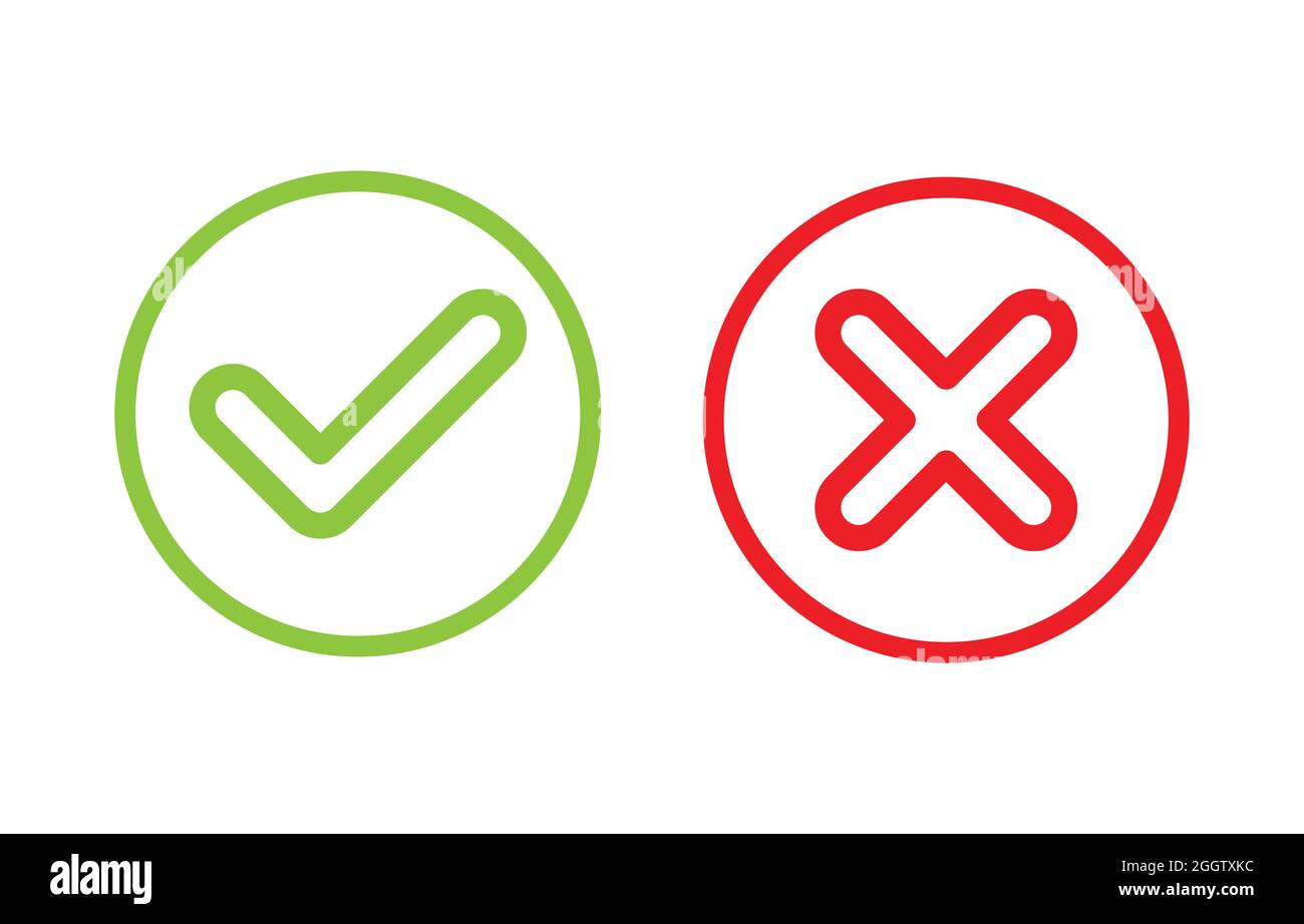 Tick and cross signs. Green checkmark OK and red X icons vector. Circle ...