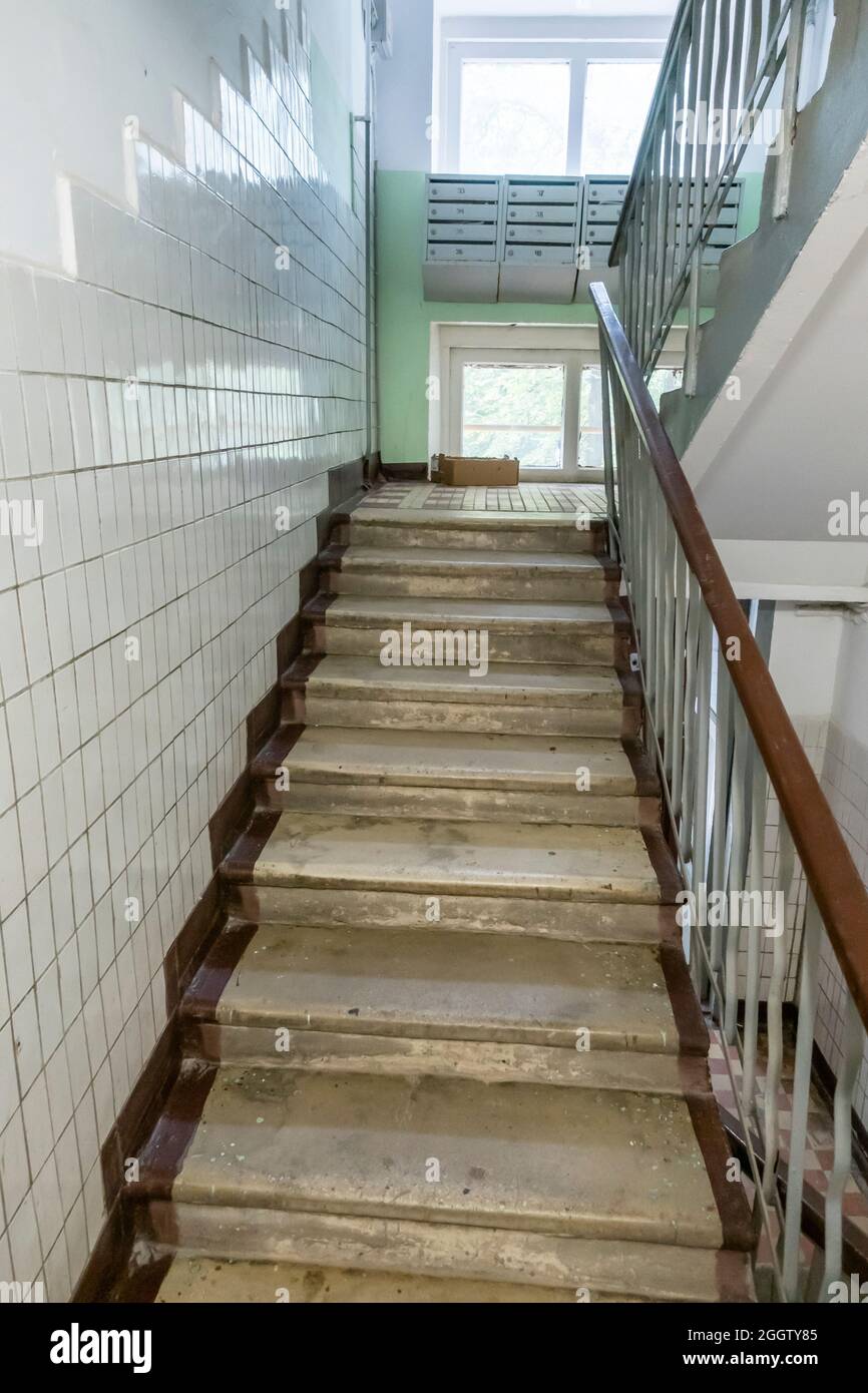Empty staircase in Khruschevka residential building built in 1960s ...