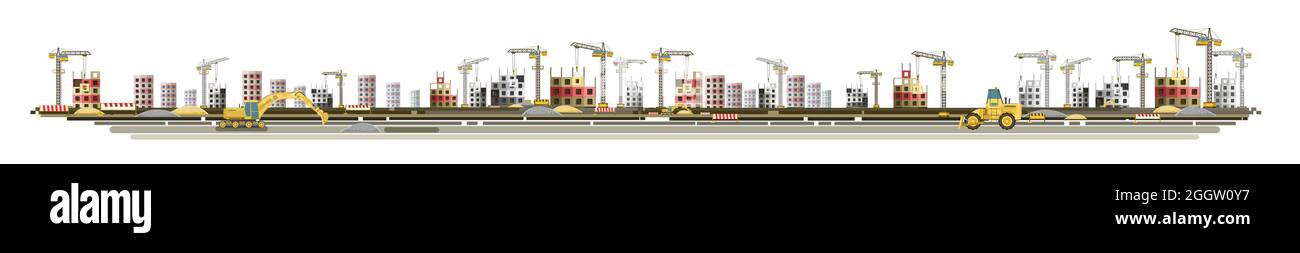 Construction of new microdistrict of city. Cranes and Tractors. Modern ...