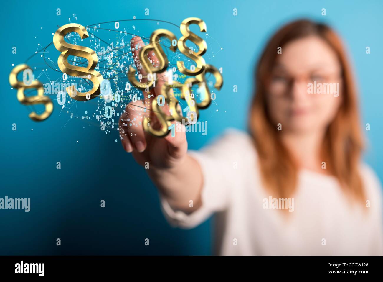 Woman touching floating section signs Stock Photo - Alamy