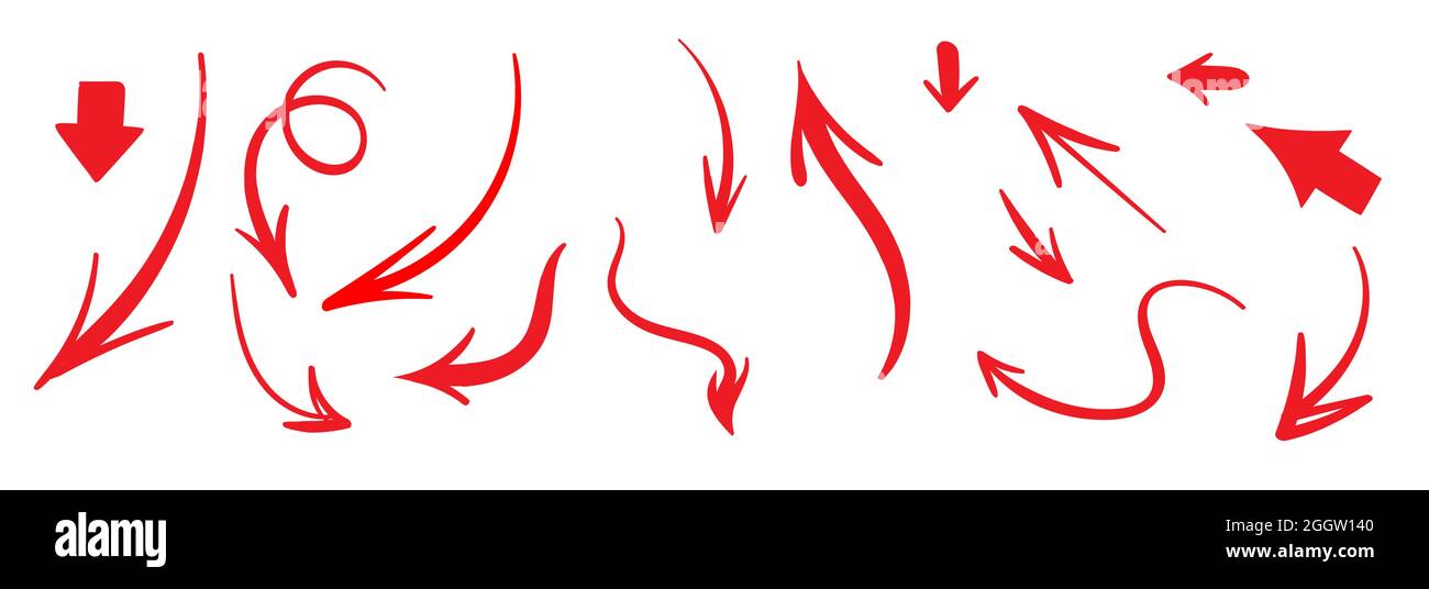 Mega set of different red hand-drawn arrows, ink, brush style, on white ...