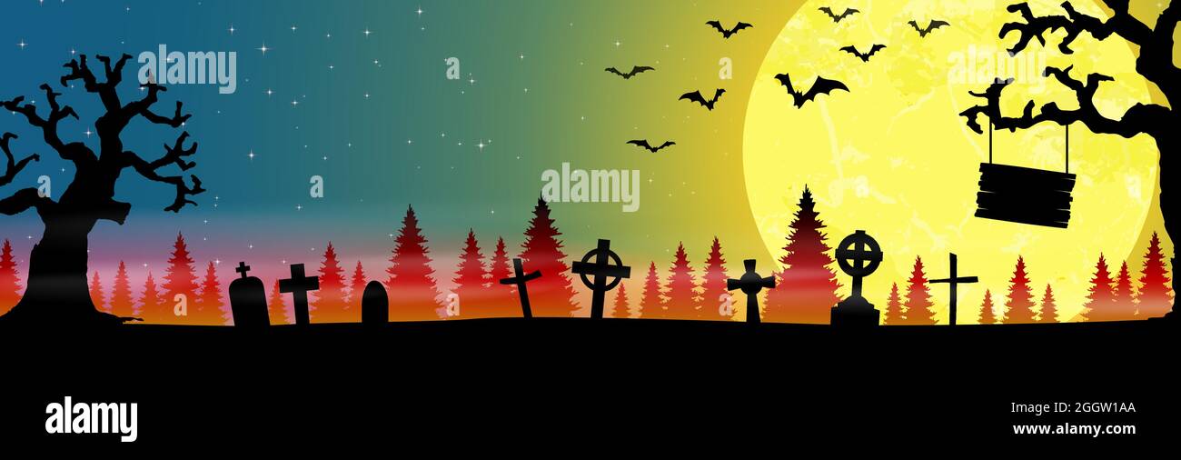 eps vector cemetery in front of woodlands and full moon with wooden ...