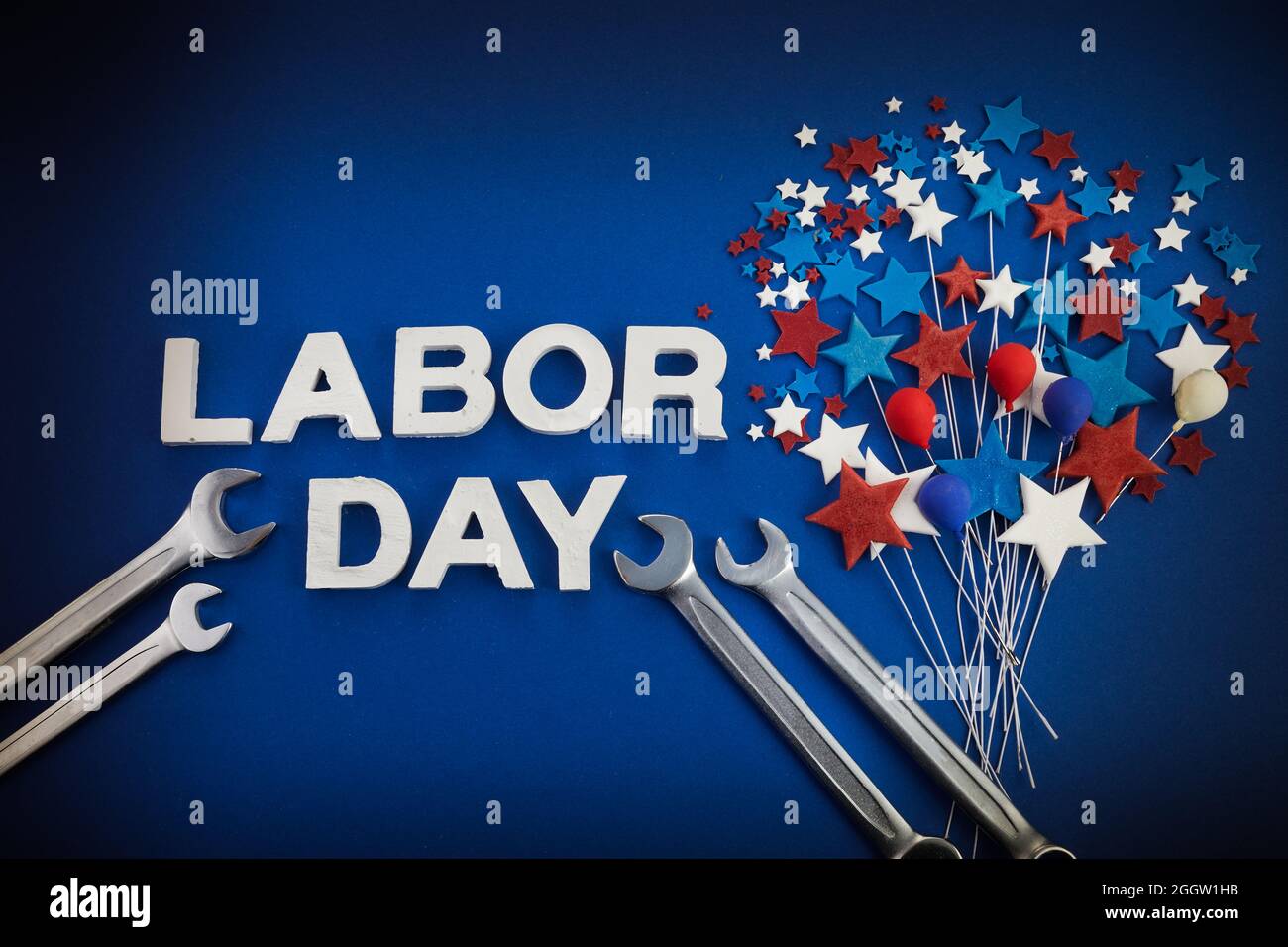 Happy Labor Day banner. Red, white, blue color stars and baloons on ...
