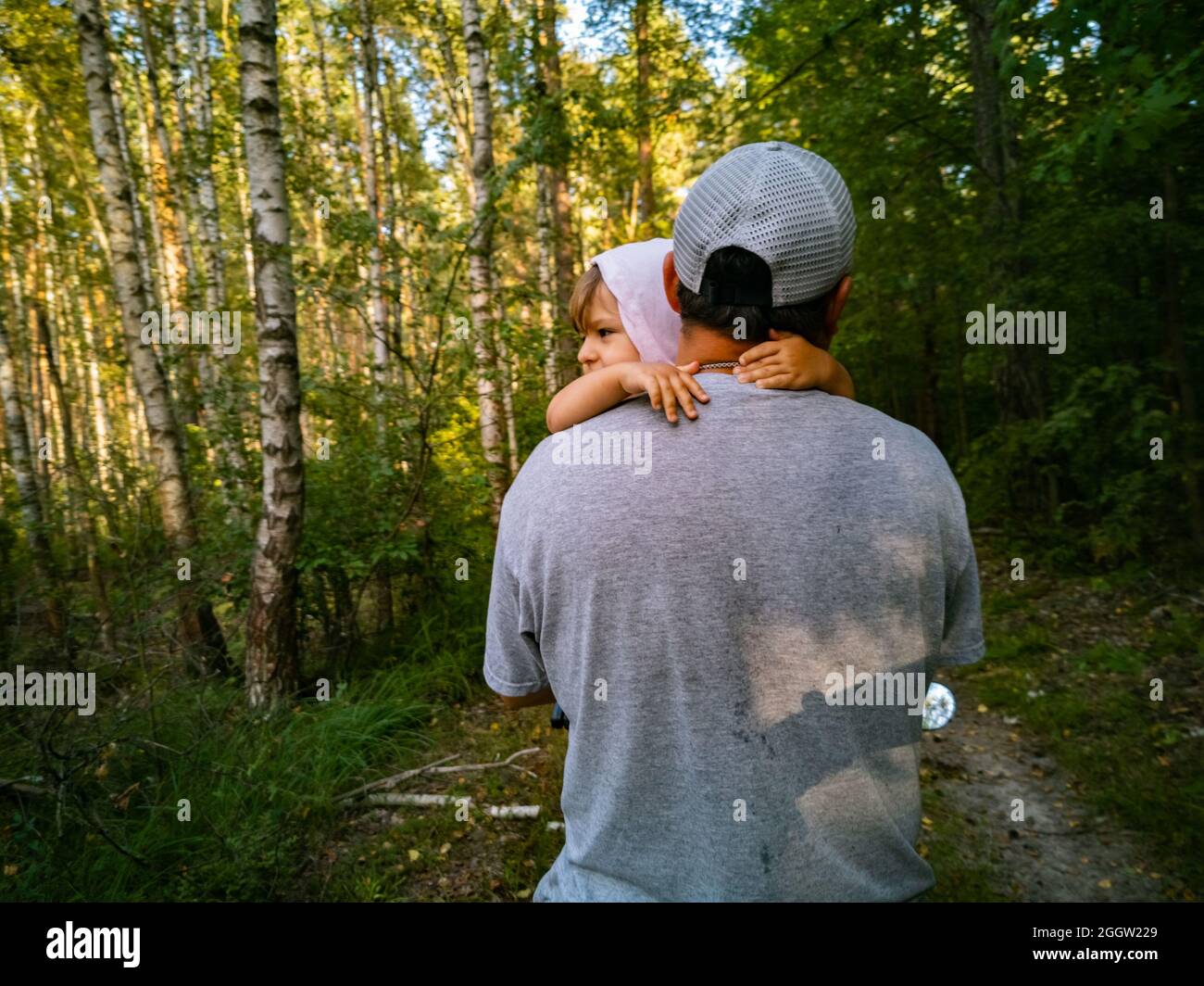 little cute toddler in dad's arms hugs his neck in the park. happy ...