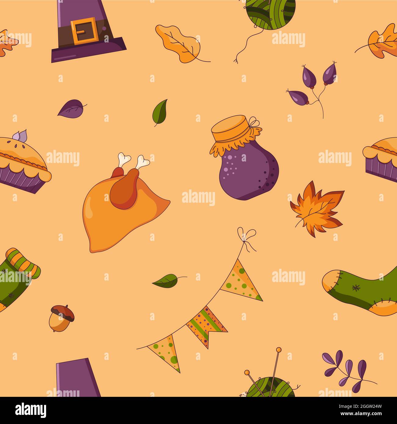 Seamless pattern of thanksgiving day in flat style isolated on orange ...