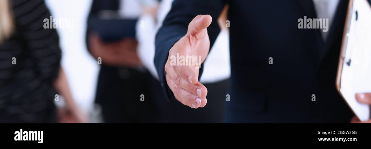 Businesswoman offer hand to shake as hello in office closeup Stock ...