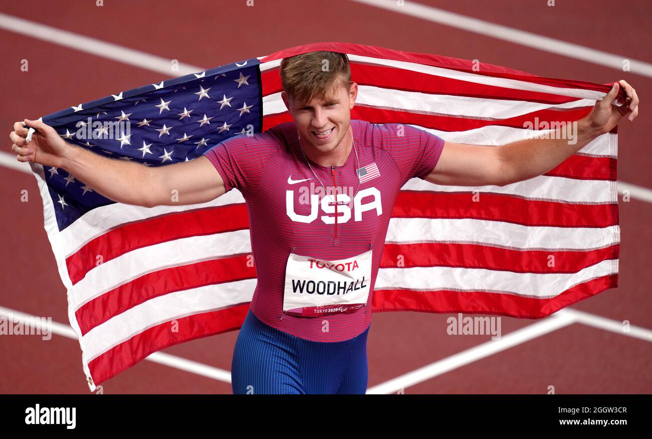 USA's Hunter Woodhall celebrates finishing third in the Men's 400 ...