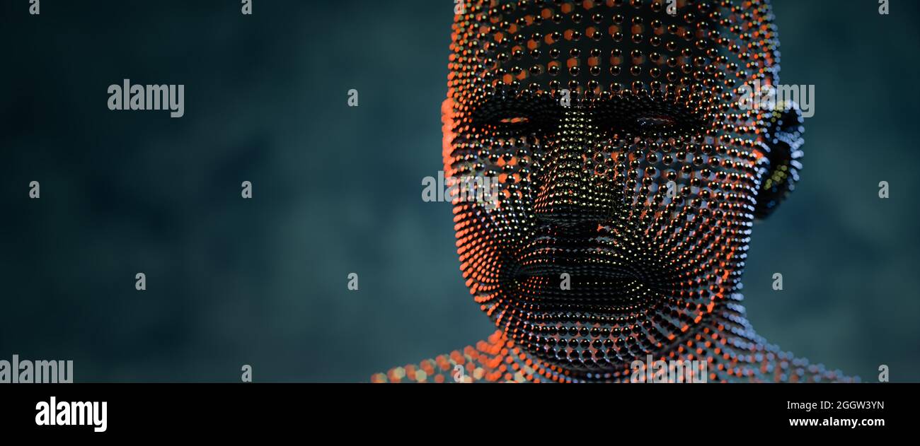 Abstract portrait of a male human face consisting of a pattern of metal ...