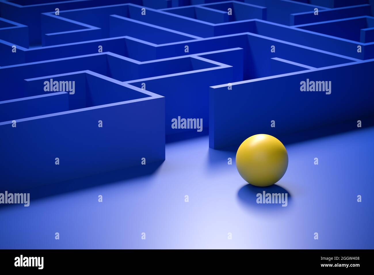 Concept - solving a complex problem. Blue maze and floor with yellow ...