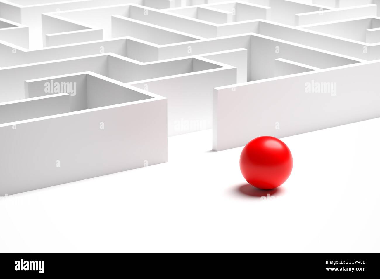 Concept - solving a complex problem. White maze and floor with red ...