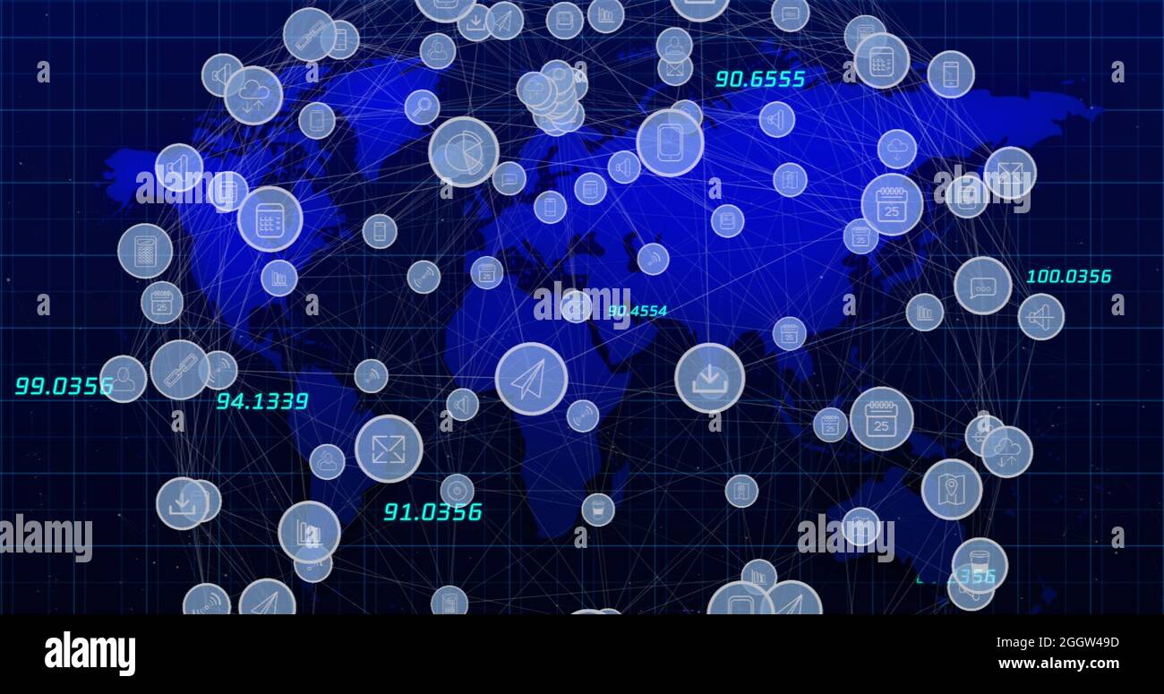 Image of globe with icons and numbers changing over world map Stock ...