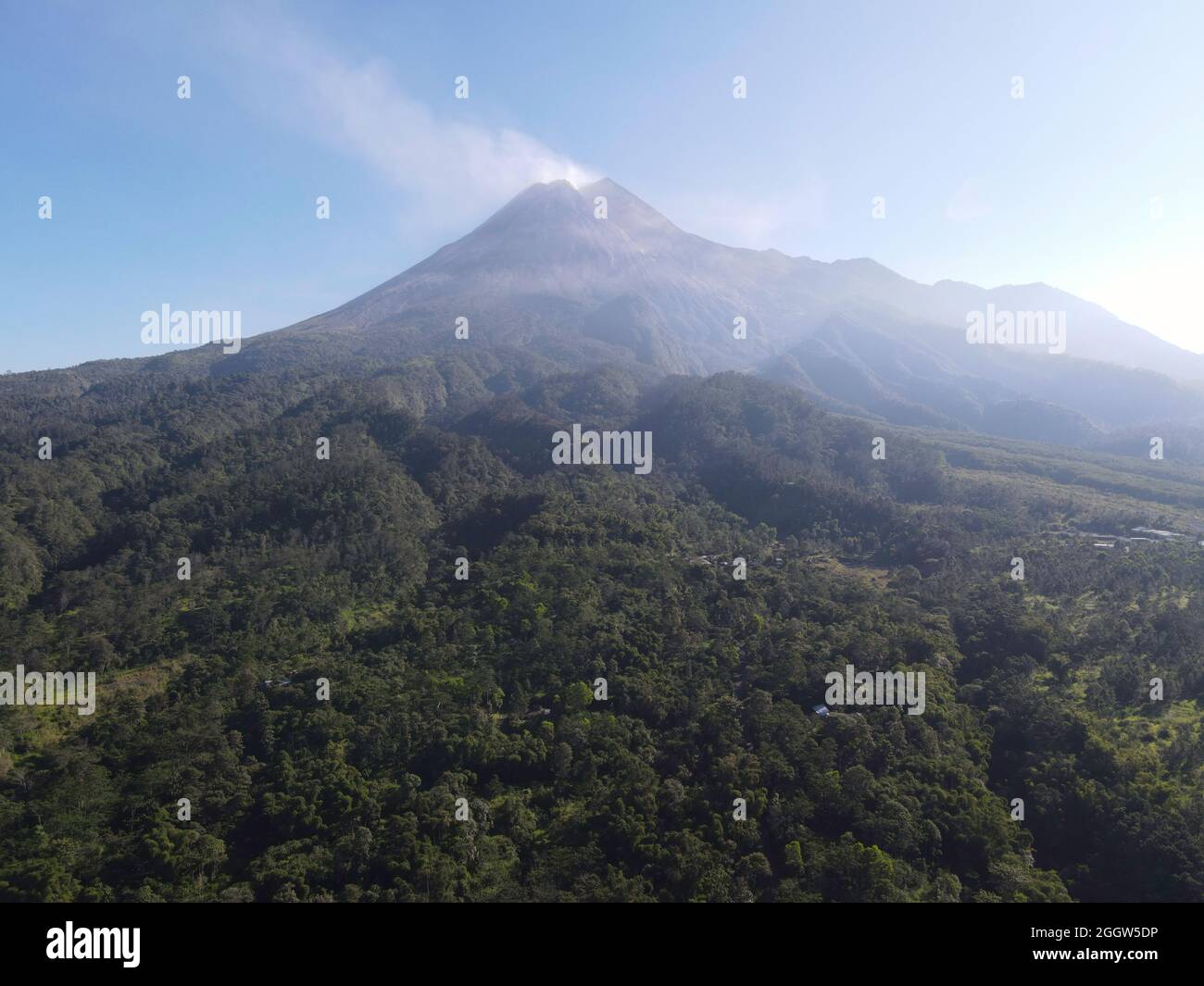 Aerial view of Mount Merapi Landscape with small eruption in Yogyakarta ...