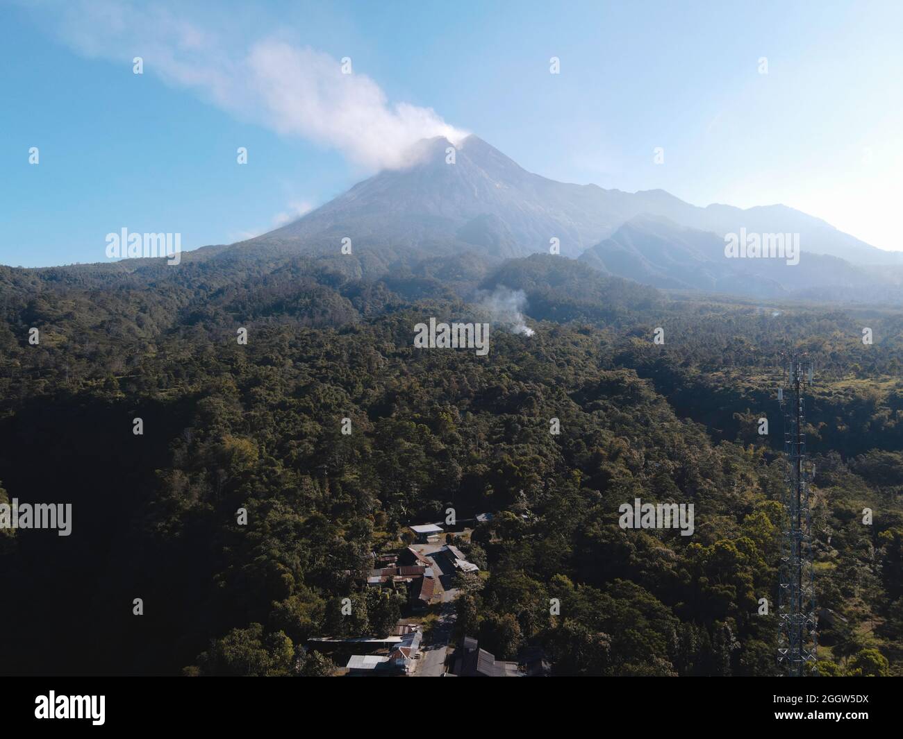 Aerial view of Mount Merapi Landscape with small eruption in Yogyakarta ...