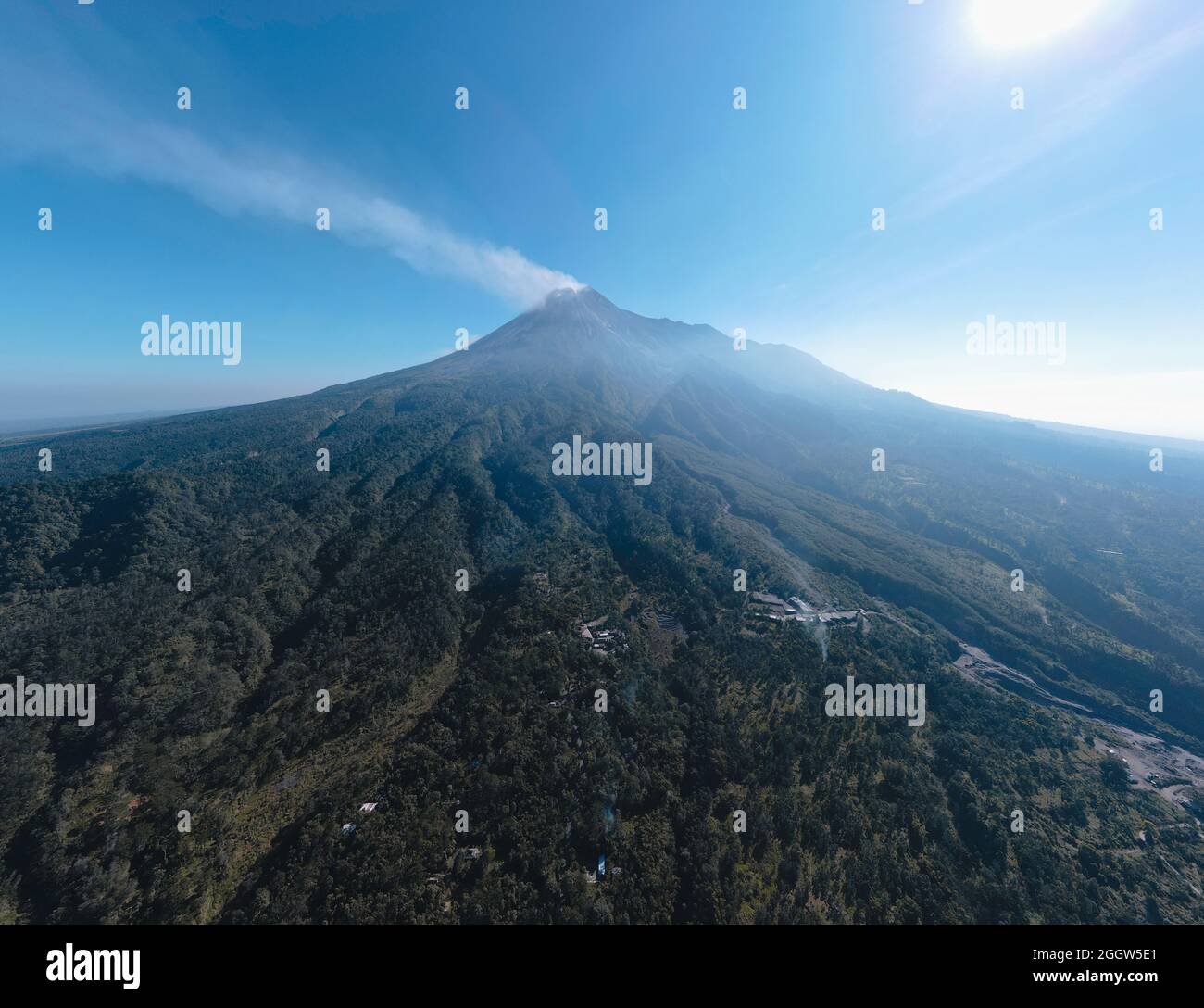 Aerial view of Mount Merapi Landscape with small eruption in Yogyakarta ...