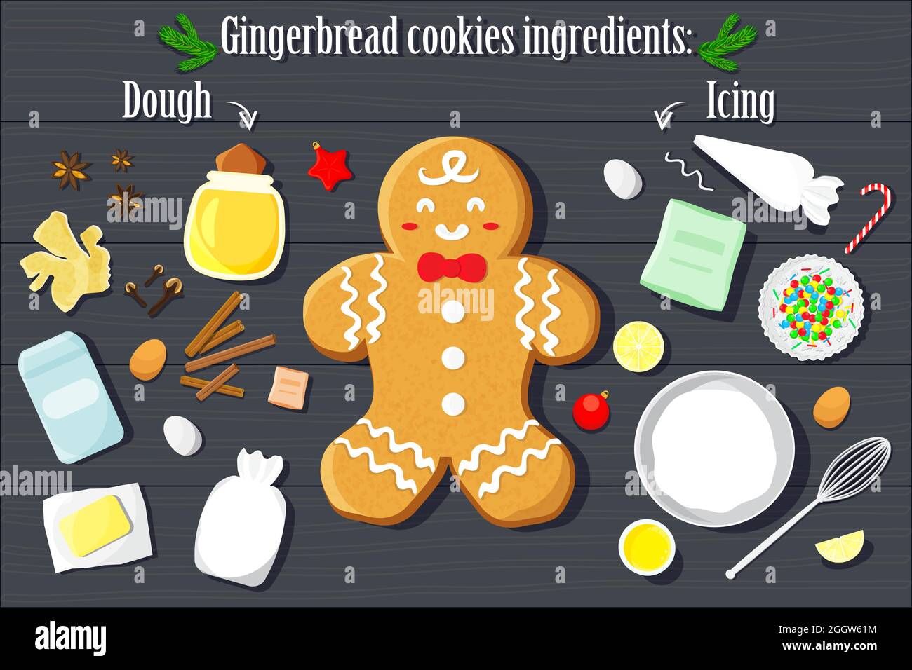 Gingerbread cookies set of ingredients for making dough and icing ...
