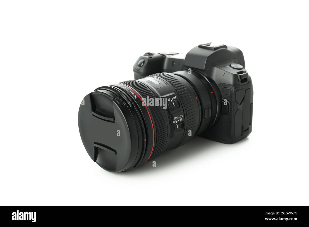 Camera with lens isolated on white background Stock Photo - Alamy