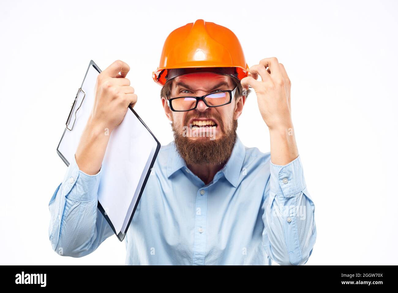 man wearing glasses construction uniform engineer emotions work Stock ...