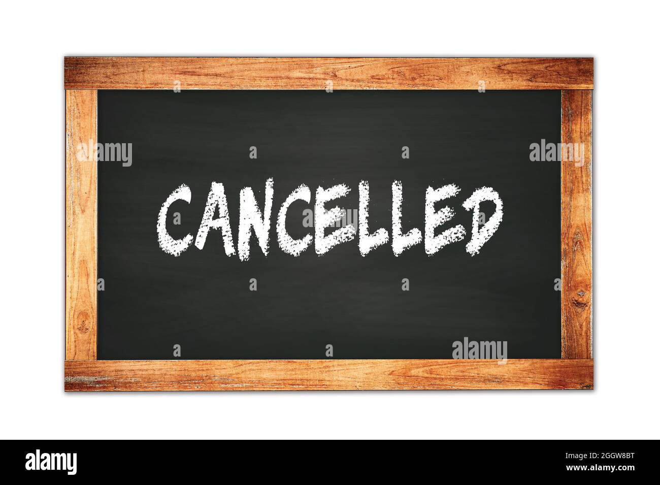 CANCELLED text written on black wooden frame school blackboard Stock ...