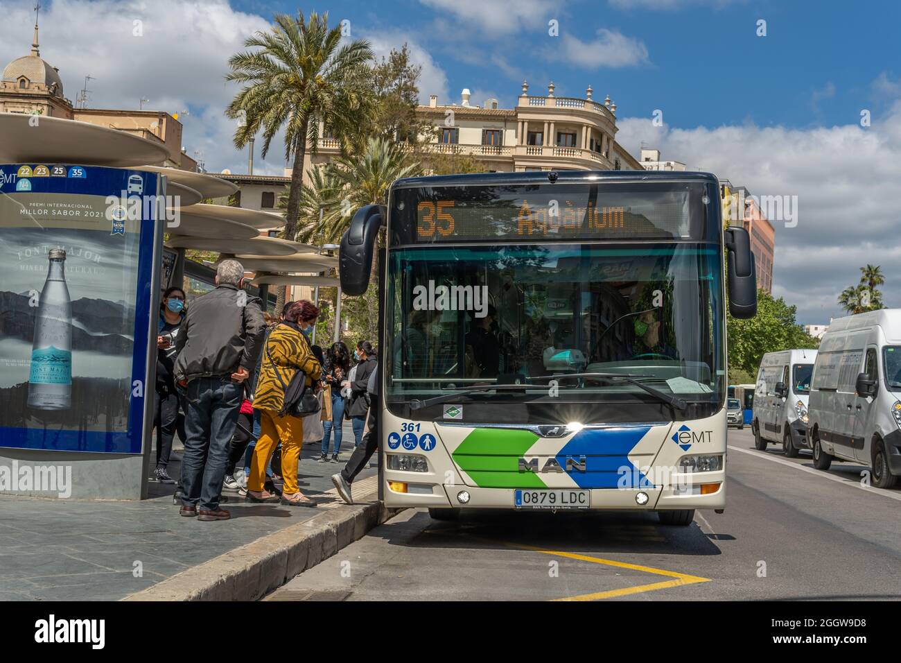 Palma de Mallorca, Spain; april 23 2021: Bus stop at Plaza de España in ...