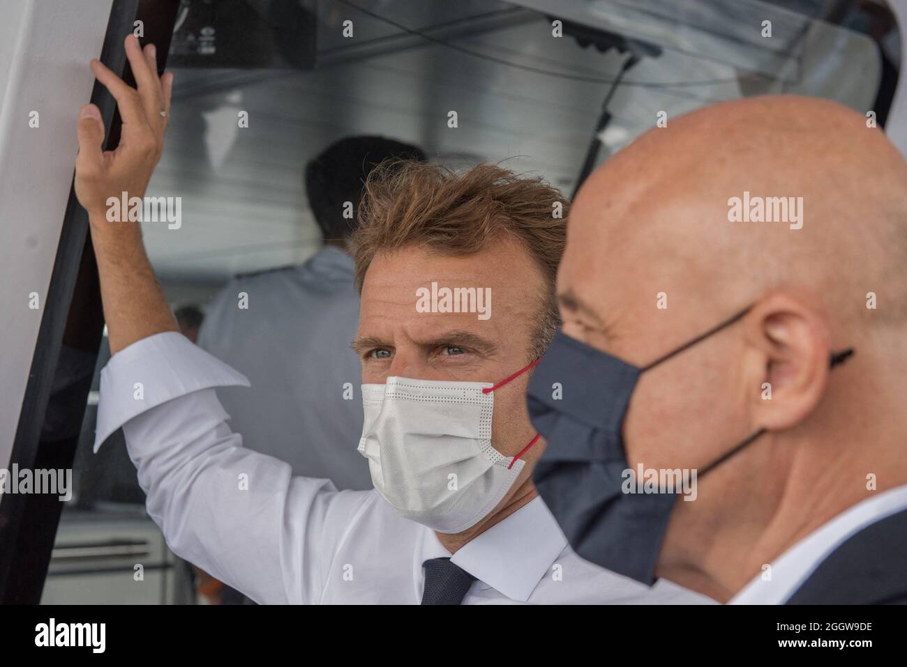 French President Emmanuel Macron, aboard the Albert Merlin ship, visits ...