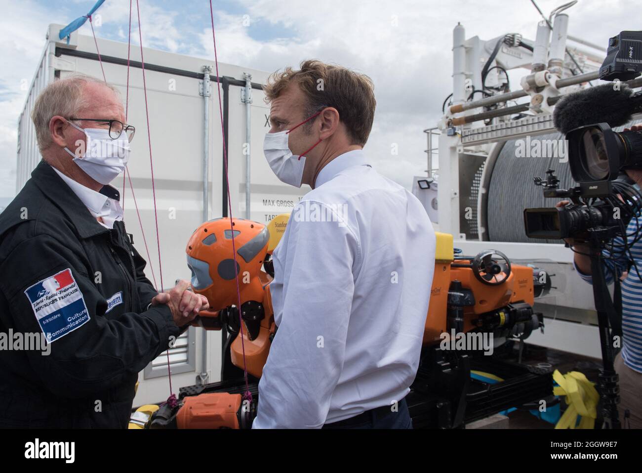 French President Emmanuel Macron, aboard the Albert Merlin ship, visits ...