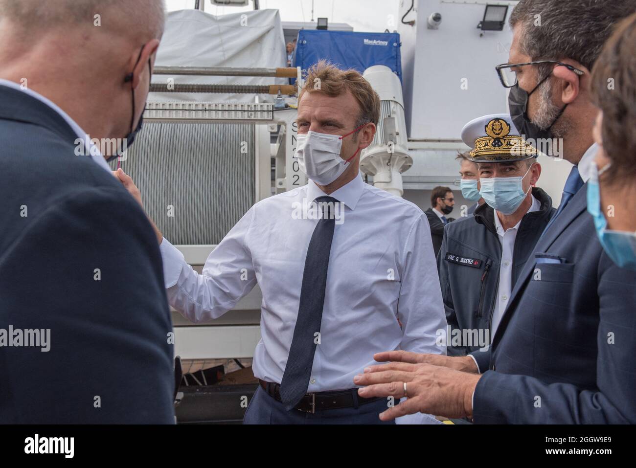 French President Emmanuel Macron, aboard the Albert Merlin ship, visits ...