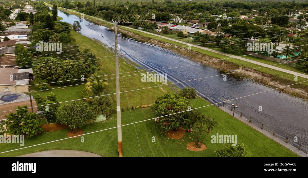 Bird's-eye view of a canal flowing through Florida in daylight Stock ...