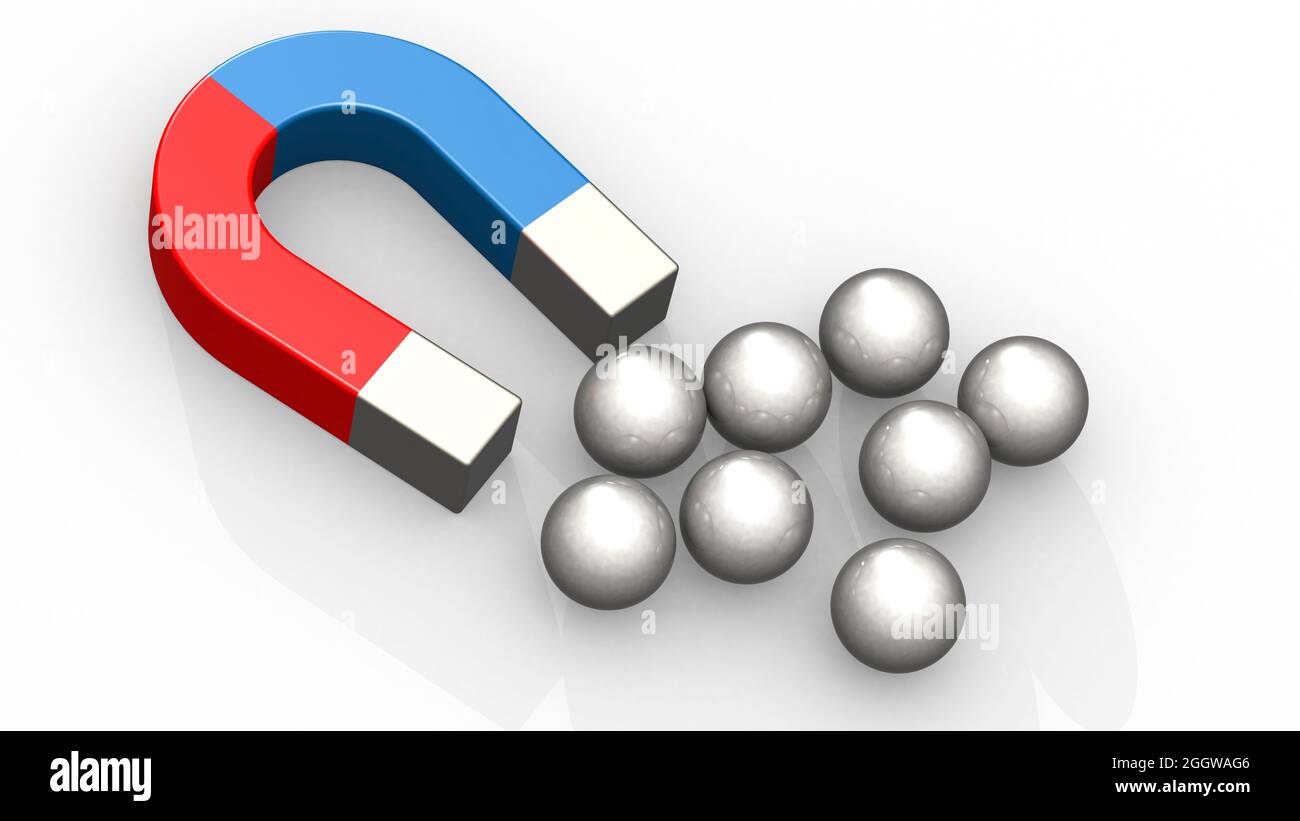 Magnet attracts white metal spheres, 3D rendering Stock Photo - Alamy