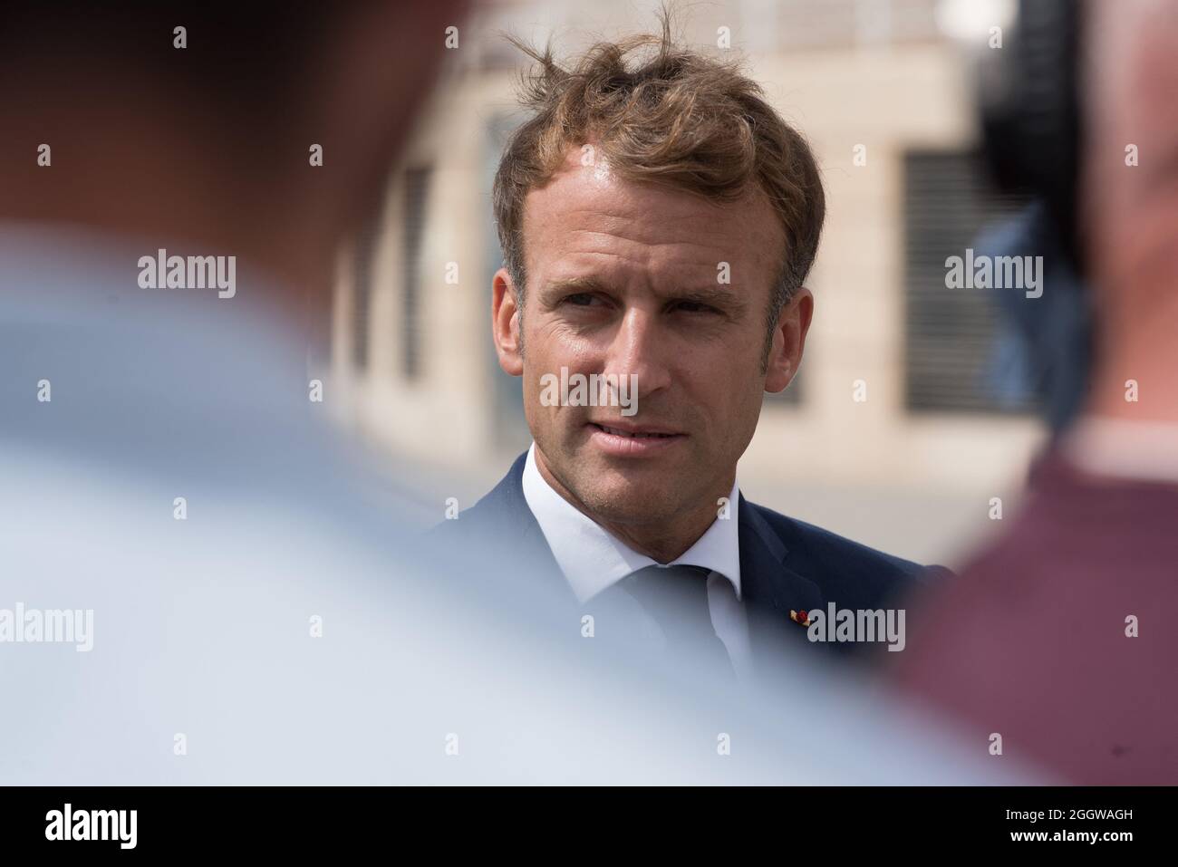 French President Emmanuel Macron disembark the Albert Merlin ship after ...