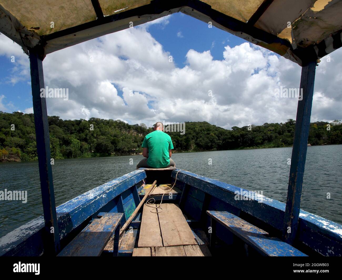 Man sitting at end of boat in jungle Stock Photo - Alamy
