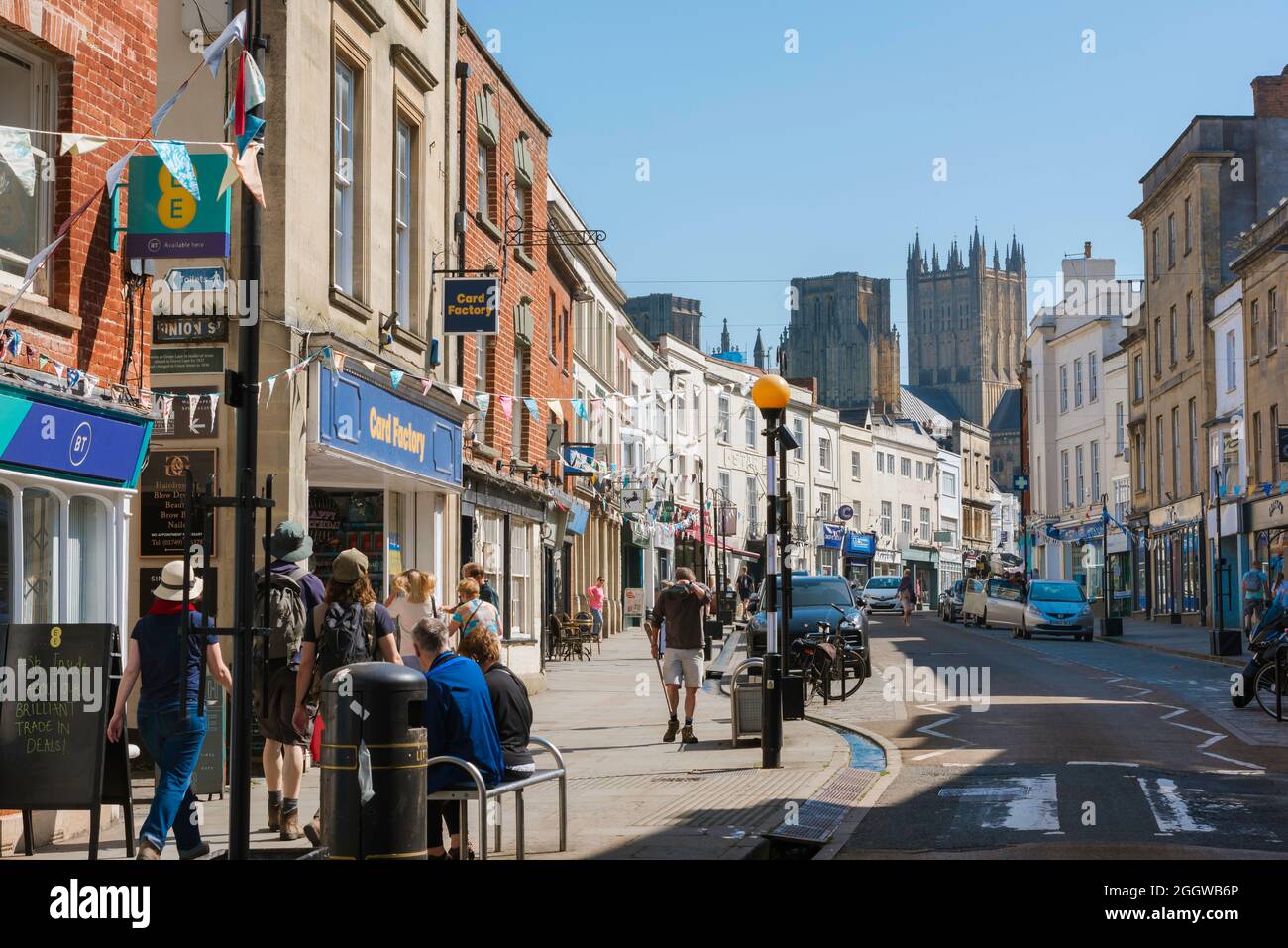 Wells UK, view in summer of the High Street leading up to the historic ...