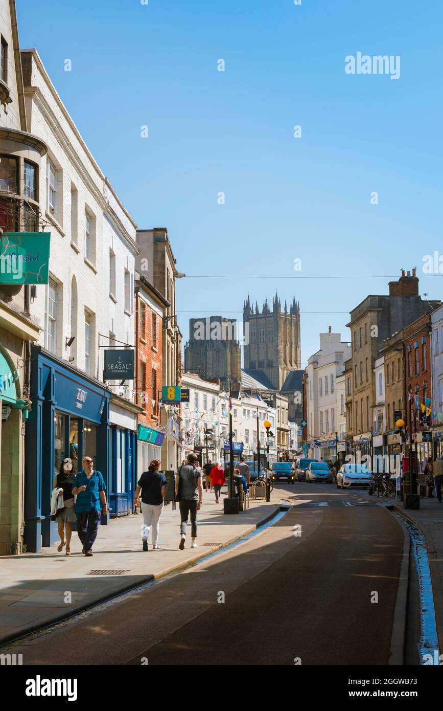 Wells High Street Somerset, view in summer of the High Street leading ...