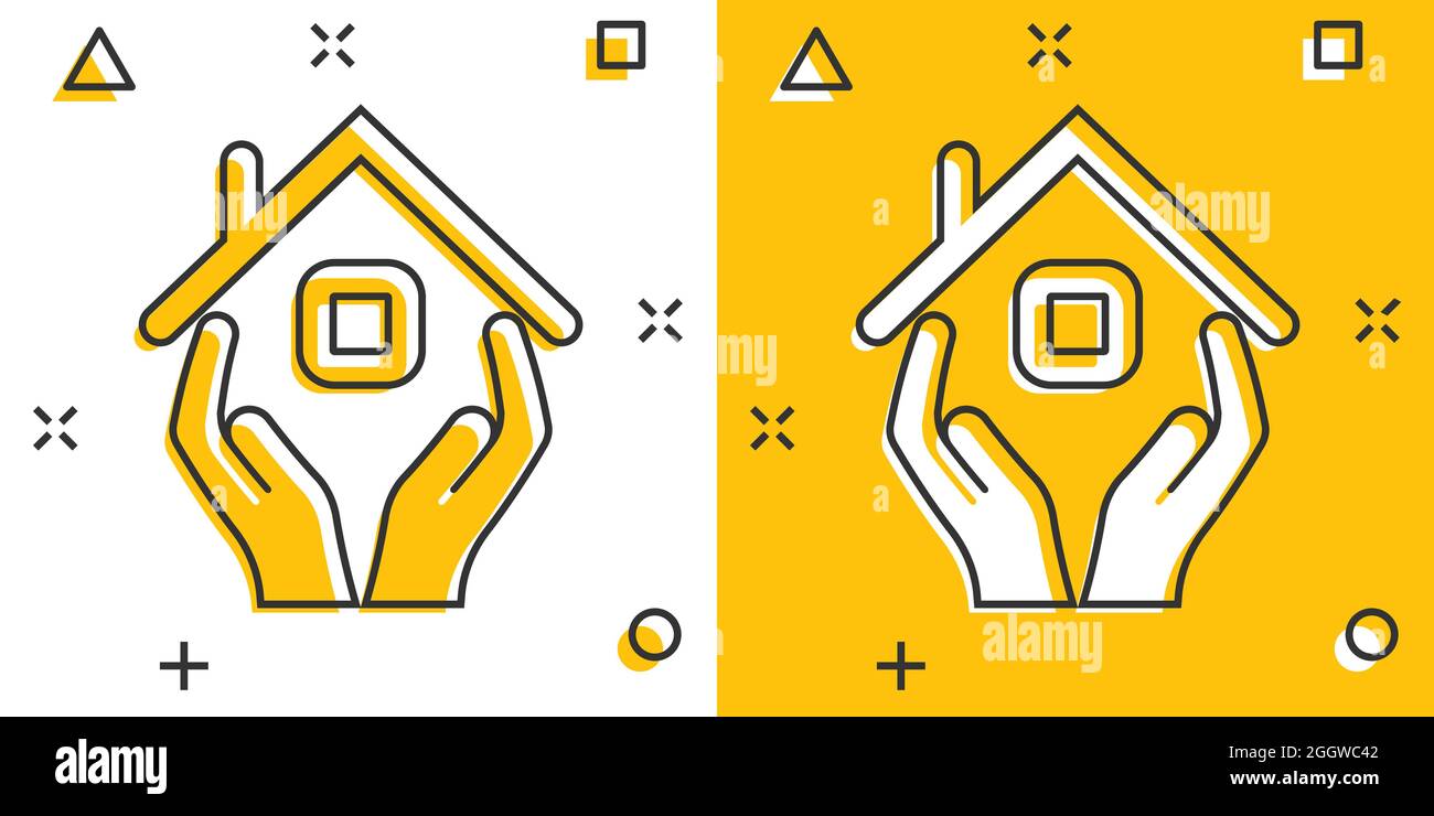 Home care icon in comic style. Hand hold house vector cartoon ...