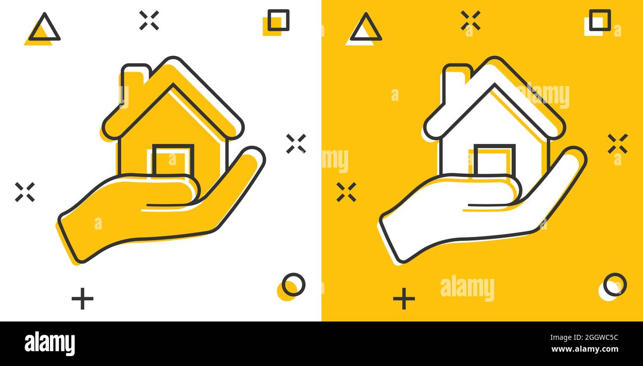 Home care icon in comic style. Hand hold house vector cartoon ...