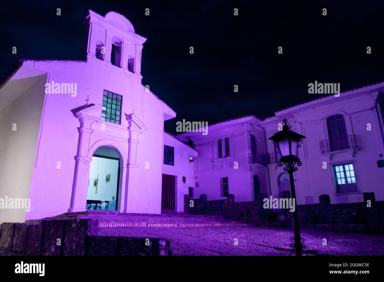 Colorfuly illuminated La Ermita church in colonial city Popayan ...