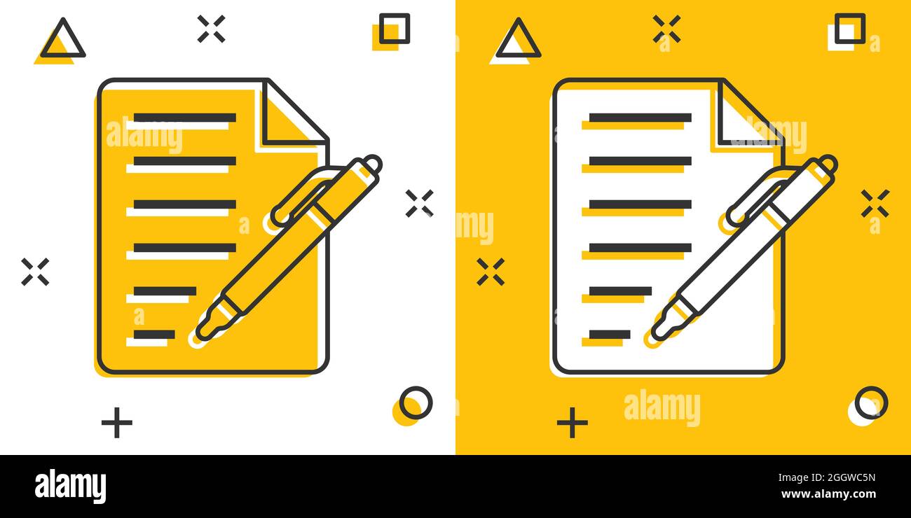 Document with pen icon in comic style. Notepad vector cartoon ...