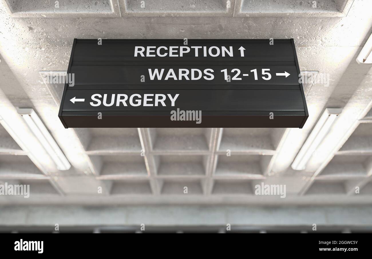 A hospital directional sign mounted on a cast concrete ceiling ...