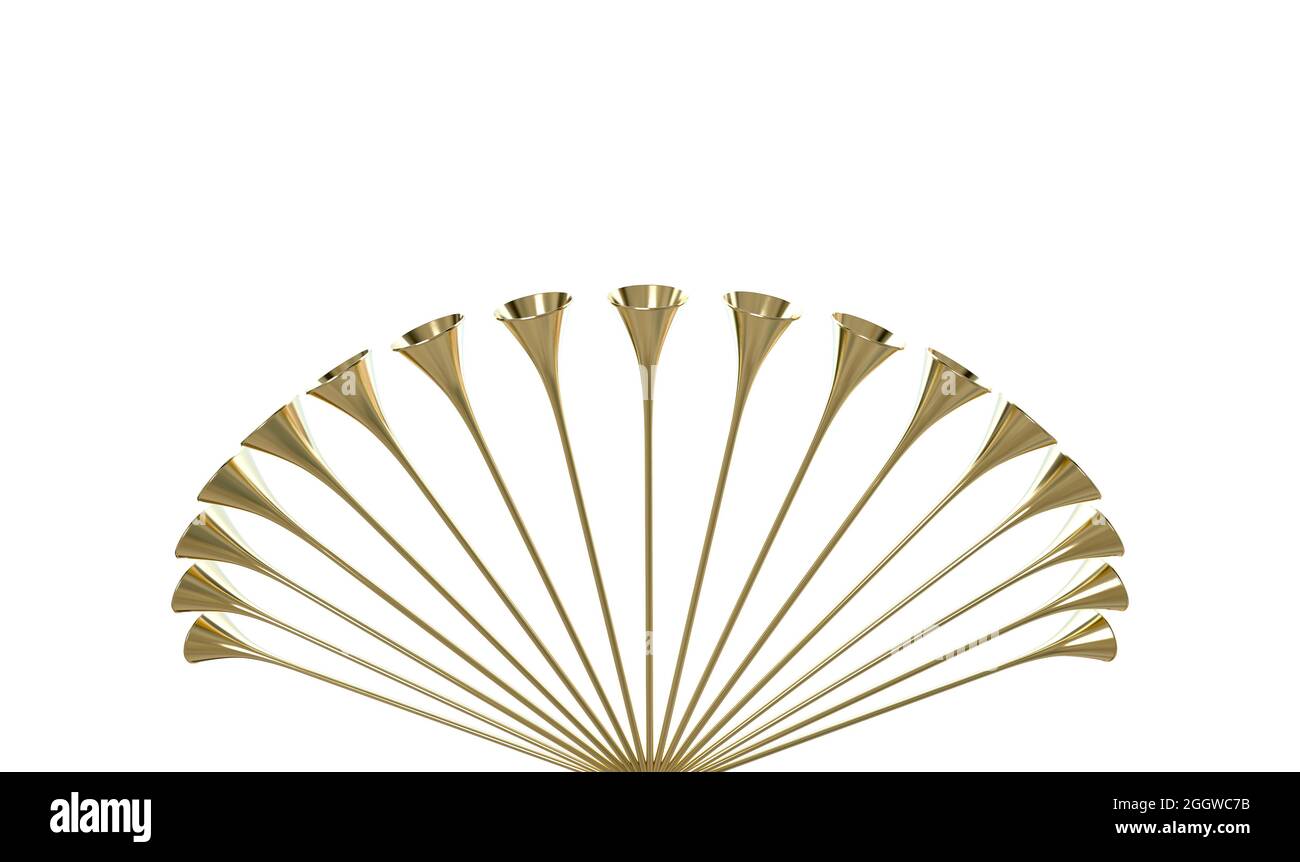 A group of golden medieval trumpets in a circular arc proclaiming a ...