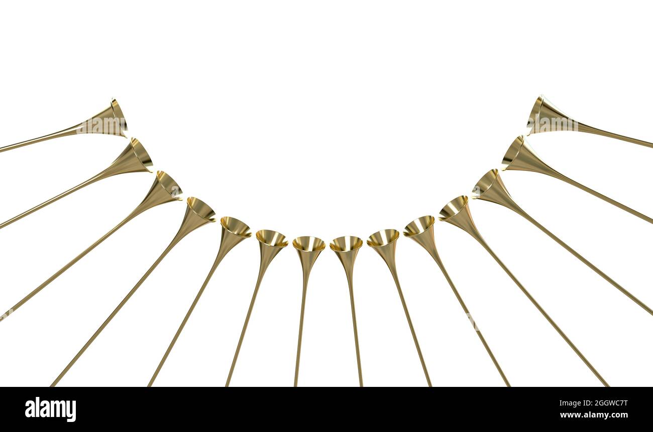 A group of golden medieval trumpets in a circular arc proclaiming a ...