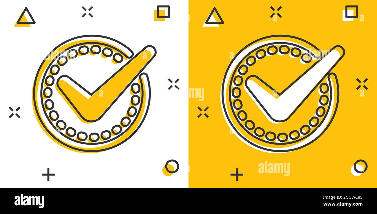 Check mark sign icon in comic style. Confirm button cartoon vector ...