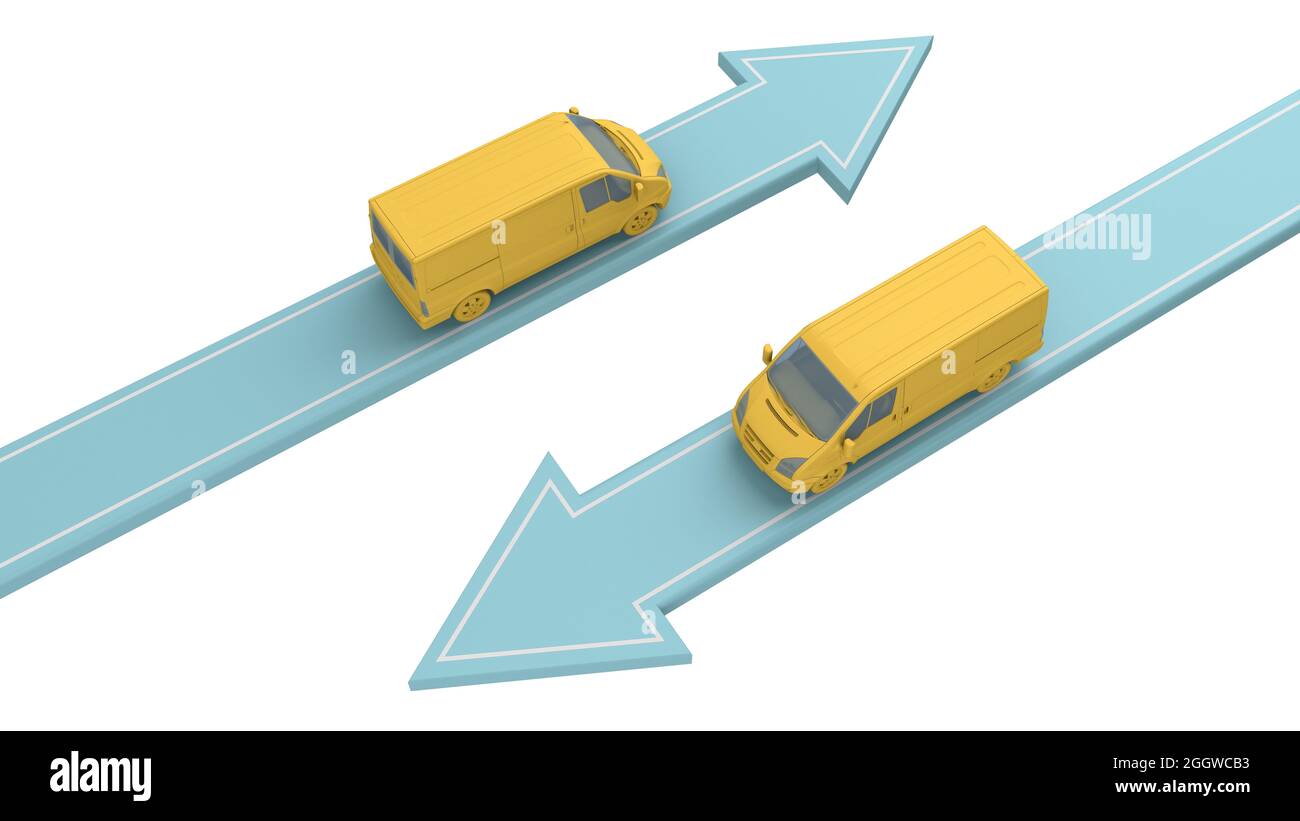 yellow van go in different directions on arrows isolated on white above ...