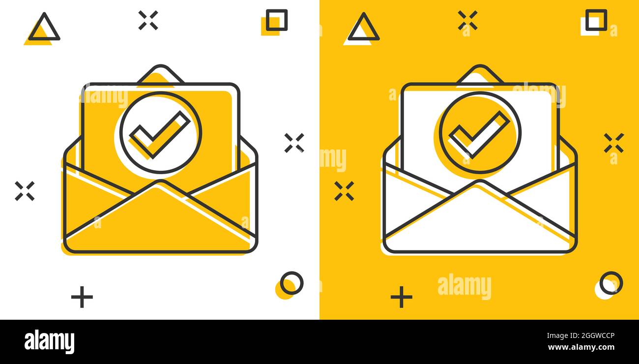 Envelope with confirmed document icon in comic style. Verify cartoon ...