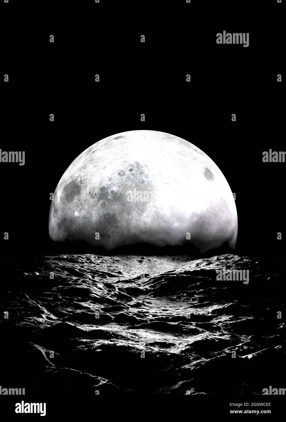 A full moon rising in the dark of night on a turbulent surface of water ...