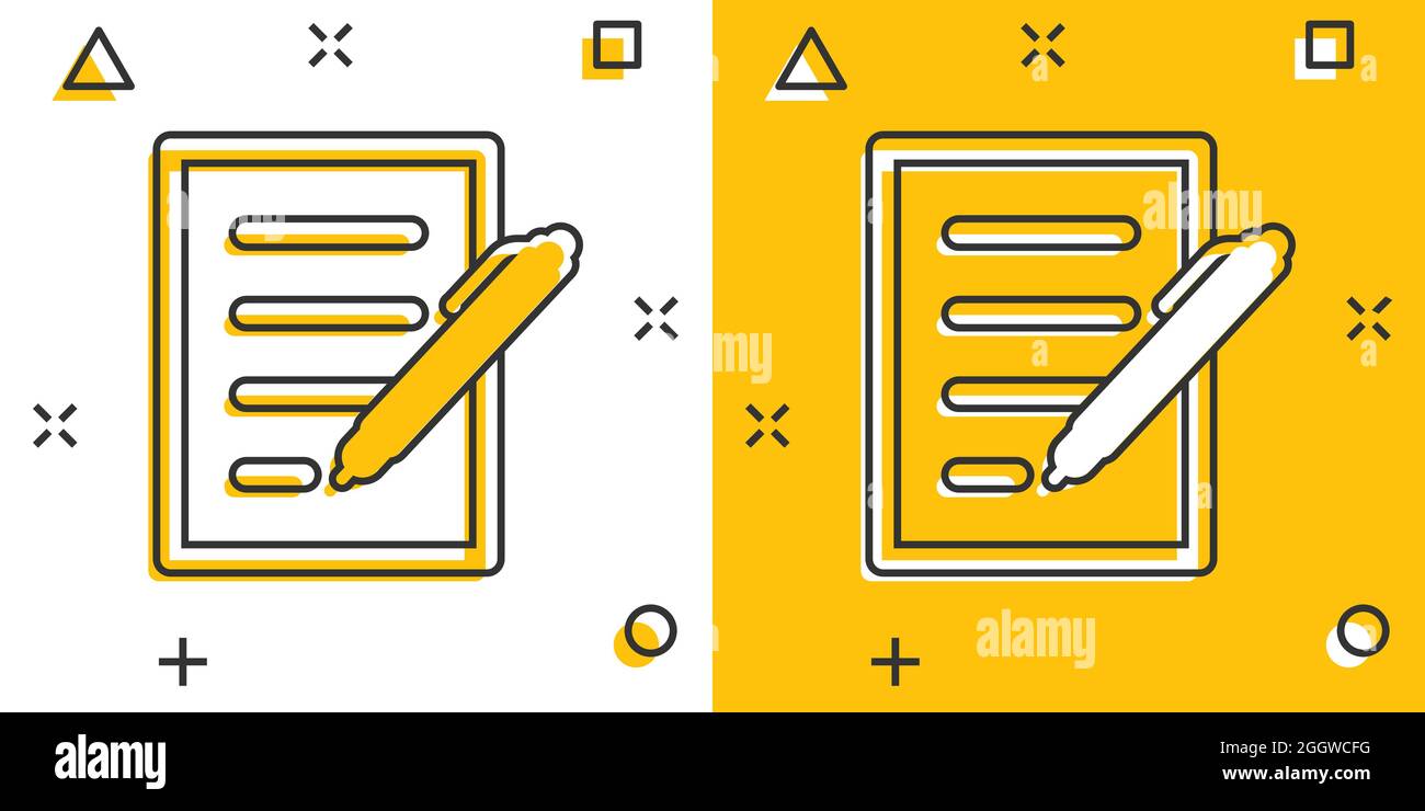 Document with pen icon in comic style. Notepad vector cartoon ...
