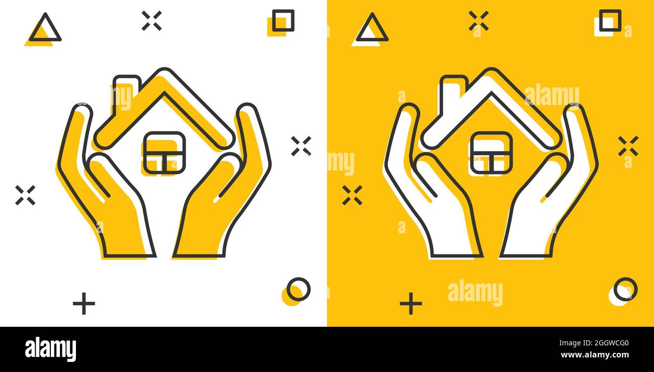Home care icon in comic style. Hand hold house vector cartoon ...